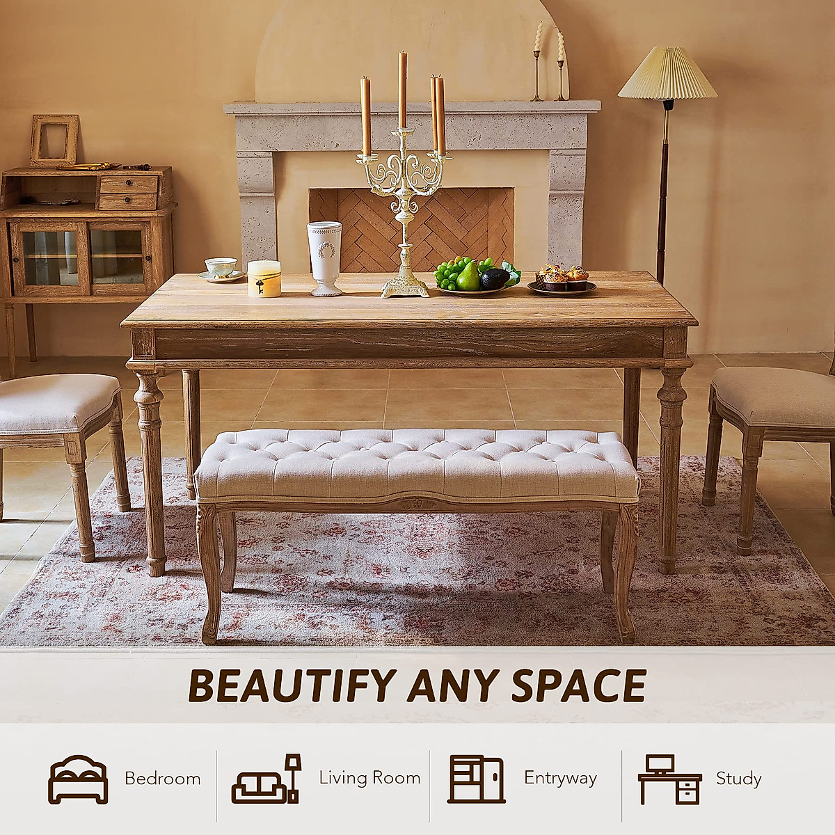 VONLUCE Vintage Dining Bench with Padded Seat & Rubberwood Legs, 44" Memory Foam Upholstered Entryway Bench, Tufted Fabric End of Bed Bench for Bedroom and Living Room, French Style, Beige