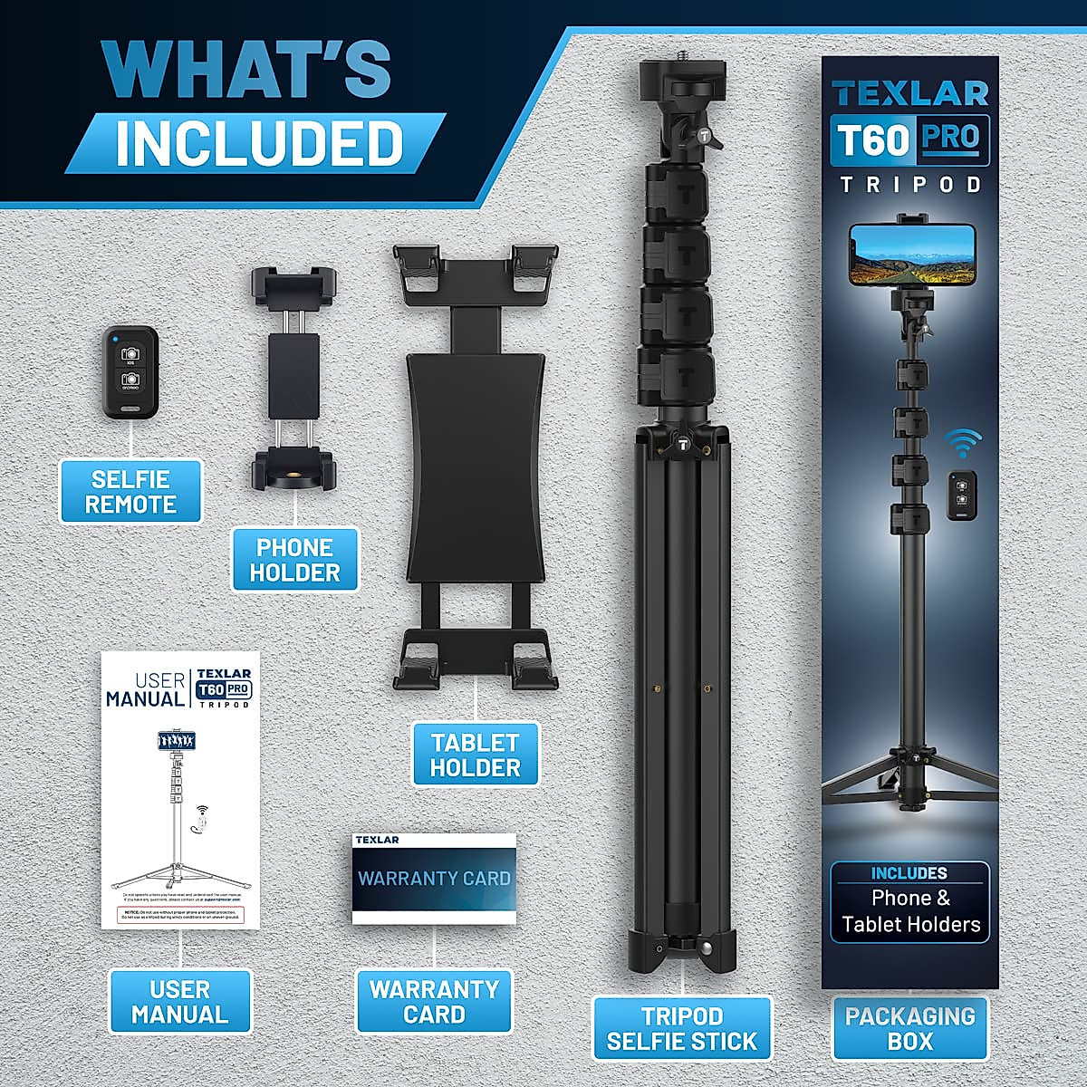 Texlar 60" Phone Tripod Stand for iPhone and iPad - Includes Wireless Remote, Cell Phone and Tablet Holders - for Camera Video Recording, Travel - T60 Pro Selfie Stick Tripod