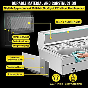 110V Electric Countertop Food Warmer - 6 Pan x 1/2 GN, Commercial Food Steam Table with 6-Inch Deep Pans, Food Grade Stainless Steel, 1500W, 66 Quart Capacity, Tempered Glass Shield