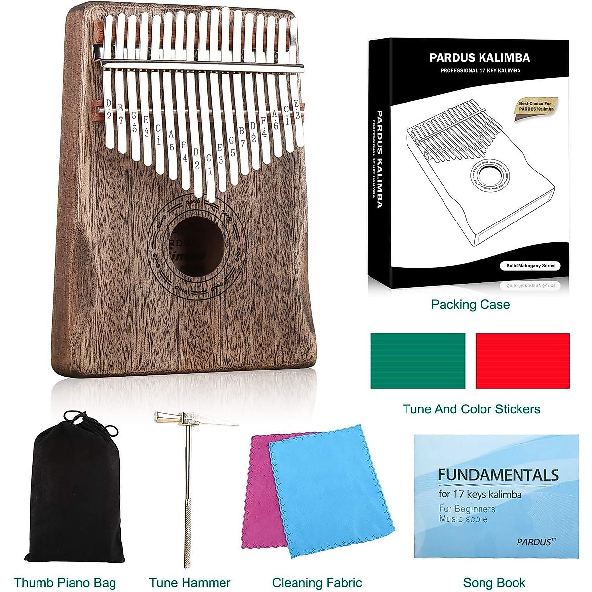 PARDUS Kalimba 17 Keys,Easy to Learn Portable Finger Piano,with Study Guide and Tune Hammer,Thumb Piano Bag,Color Stickers,Gift for Kids, Adult Beginners Professional (Wood color)