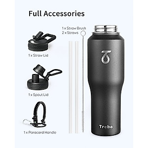 Trebo Water Bottle 32oz with Paracord Handle,Food-grade Double Wall Vacuum Stainless Steel Insulated Tumbler Flask with Straw Spout Lids,Leakproof Keep Cold & Hot,Fit in Any Car Cup Holder,Black