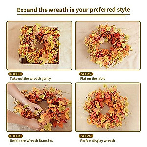 Yawwind 20 inch Fall Wreath Artificial Autumn Wreath with Orange Maple Leaves Pumpkin and Berry Harvest Wreath Thanksgiving Farmhouse Fall Wreaths for Front Door