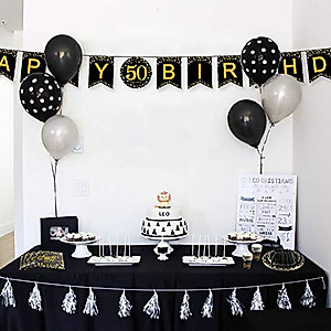 Rainmae 50th Birthday Party Supplies Tableware Set - Serves 16 Guest-Plates, Cups, Napkin, Knife, Spoon, Fork, Table Cloth, Sparkling Banner for 50 Years Old Party Decoration, 50th Wedding Anniversary