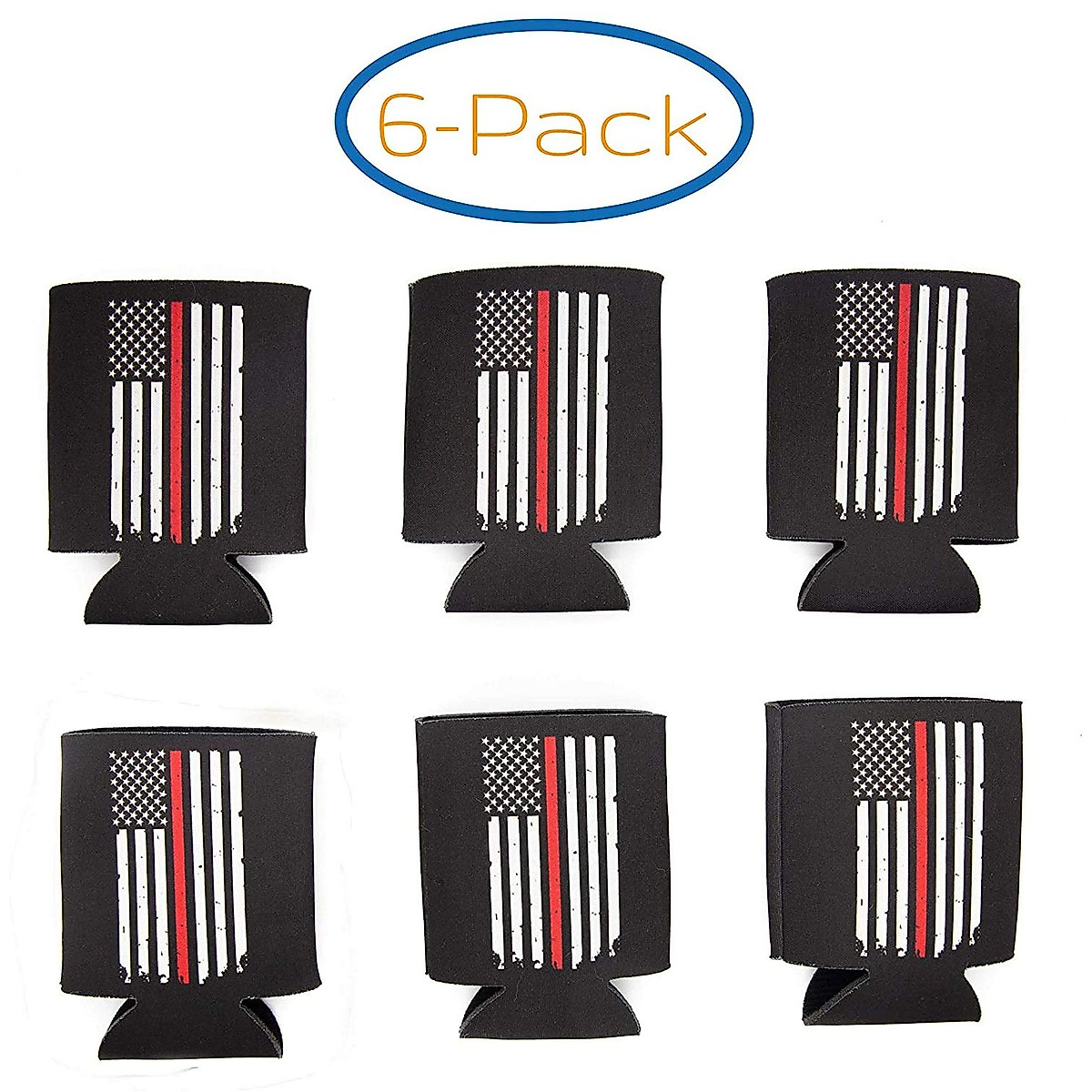 Firefighter Gifts for Men - Thin Red Line Beverage Can Cooler Sleeves, Fireman Gifts, Insulated Beer Holder with Red Stripe American Flag, Fire Department Gift Ideas, Fire Fighter Accessory, 6-Pack