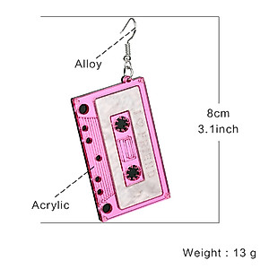 MALOYANVE Cassette Tape Earrings for Women Girls Retro Funny Acrylic 80s 90s Geometric Stereo Music Player Tool Tape Dangle Drop Earrings Accessories Jewelry Music Lover Gift (Pink)