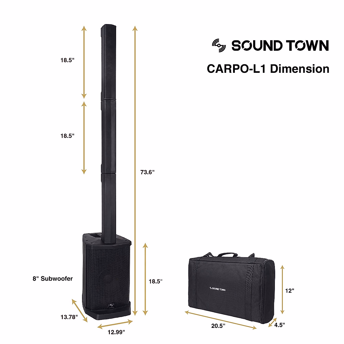 Sound Town Portable Line Array Column PA/DJ System with Sub Bass Module, TWS Bluetooth, Built-in 3-Channel Mixer, Carry Bag (CARPO-L1)