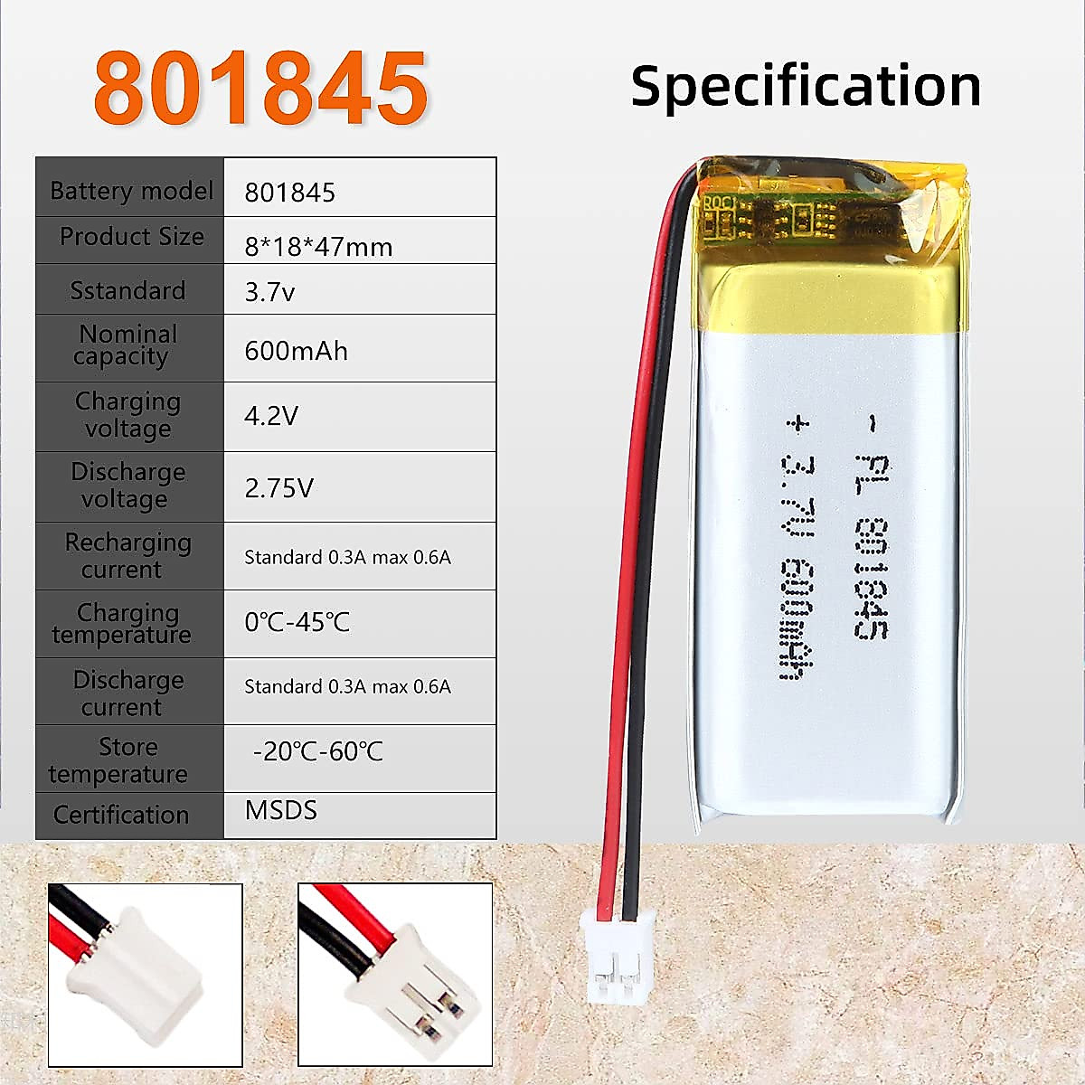 AKZYTUE 3.7V 600mAh 801845 Lipo Battery Rechargeable Lithium Polymer ion Battery Pack with JST Connector