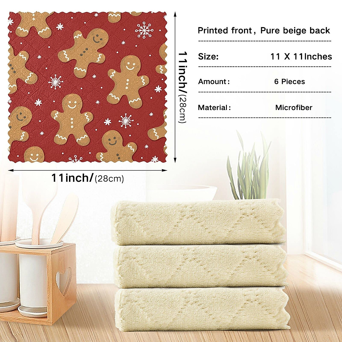 Christmas Cookie Kitchen Cloth Dish Towels Gingerbread Snowflake Kitchen Cloths Dishcloths Highly Absorbent Dust Dirty Cleaning Supply Kitchen Tableware Car Pack of 6 11x11 in