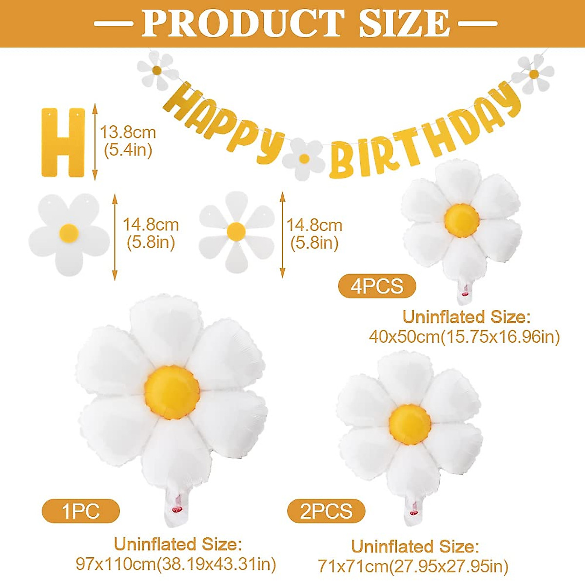 10pcs set Daisy Balloons, Shower Decoration Banners,Happy Birthday Decorations Felt Bunting for Girls Boys Birthday Party Supplies(Yellow+White)