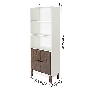 4 Tier Bookcase Storage Cabinet, 63 Inches 4 Tiers Tall Open Bookshelf with 2 Doors, Anti-toppling Device, Freestanding Wooden Storage Display Shelf for Home Office (White)