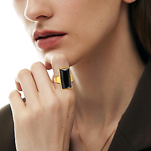 Stainless Steel Gold Plated Rectangular Black Glass Crystal Ring for Women,Best Friend Gift,Size 9
