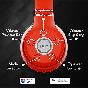 iJoy Wireless Over-Ear Bluetooth Headphones - Wireless and Wired Foldable Headset with Built-in Microphone, FM, Micro SD Card Slot, Touch Controls - Audifonos Auriculares Inalambricos (Red)