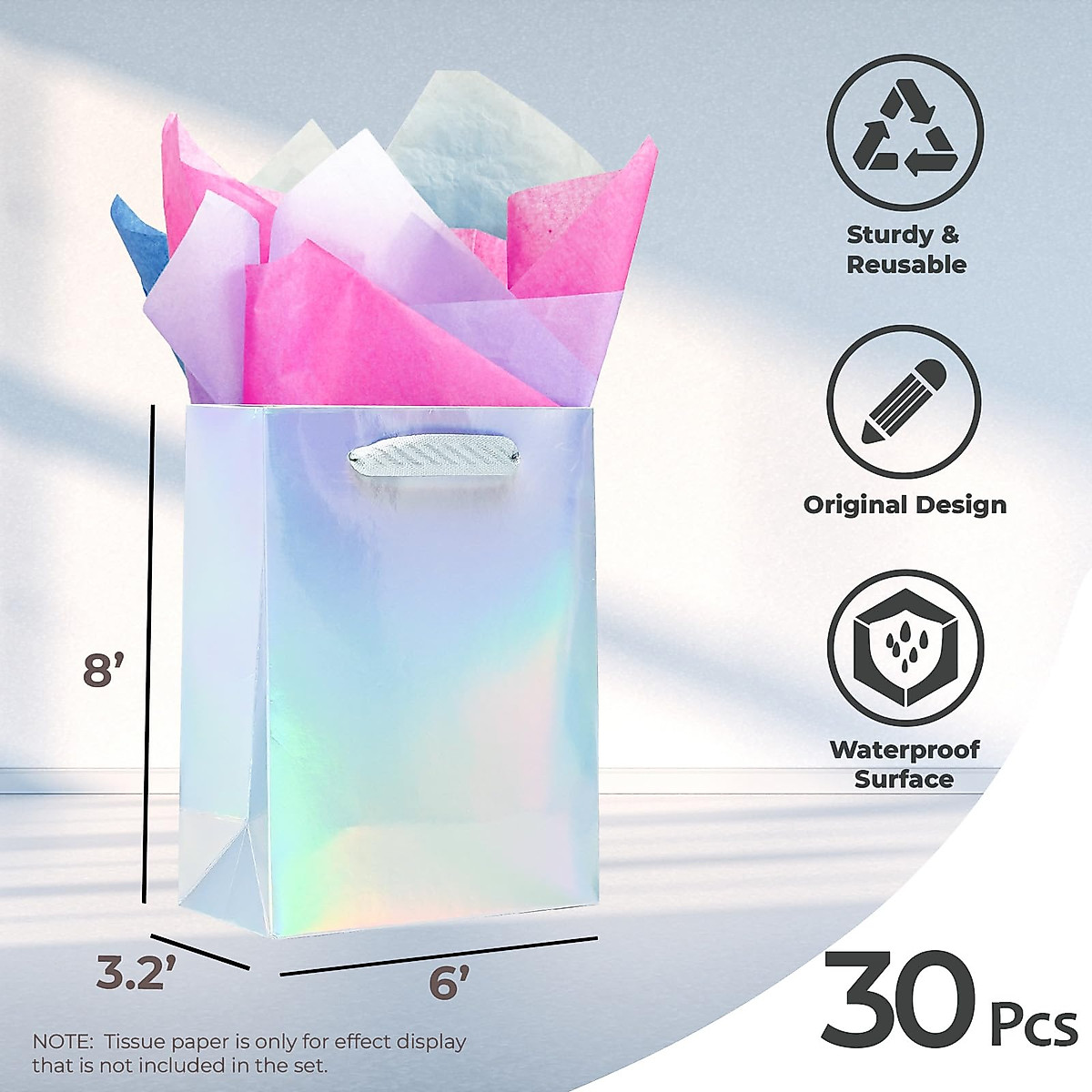 UnicoPak Iridescent Gift Bags, 30 Pcs Small Size 6x3.2x8 Inch Cardboard Paper with Waterproof Glossy Finish, Party Favor Bags for Birthday, Wedding, Bridal Shower
