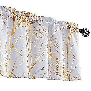 FMFUNCTEX Valance Curtains for Living-Room Window White Gold Metallic Tree Branch Blackout Window Valances 50" W x 18" Long 1 pc Rod Pocket