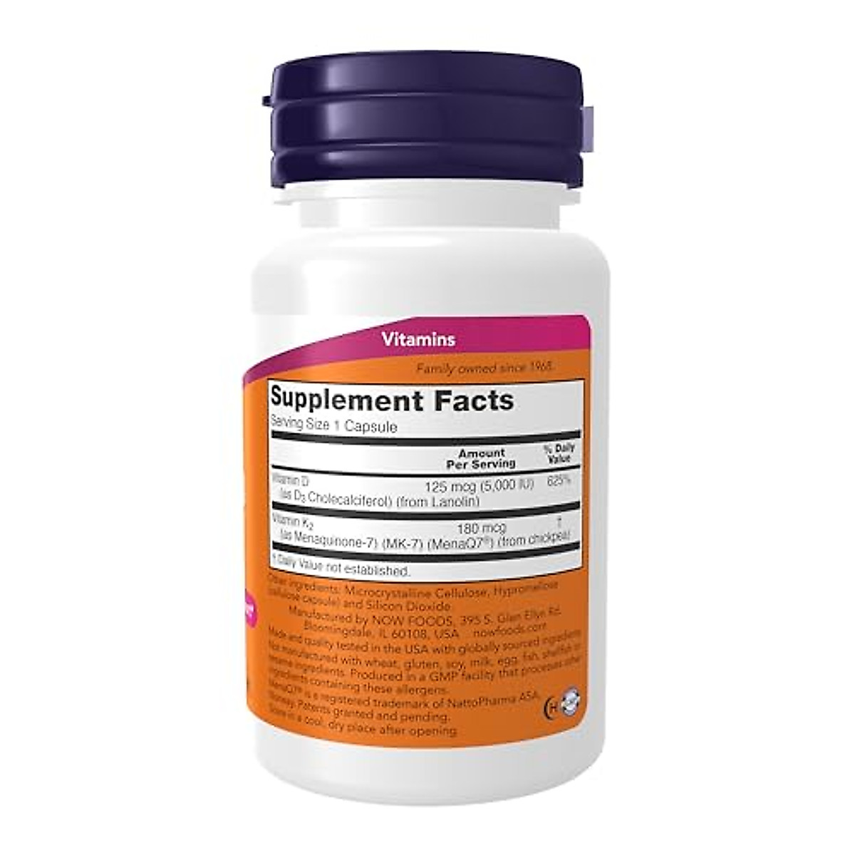 NOW Supplements, Mega D-3 & MK-7 with Vitamins D-3 & K-2, 5,000 IU/180 mcg, Bone & Cardiovascular Support*, 60 Veg Capsules