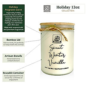 BB Candles Winter & Fall Collection - Natural Soy Hand Poured Fragrant Candles, Frosted Jars with Bamboo Lid, Ideal for Home Decor & Relaxation, 90+ Hours Burn Time, 12oz (Sweet Winter Vanilla)