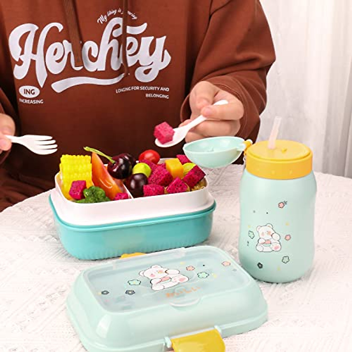 Generic Bento Box Lunch Set for Adults, Blue, Polypropylene, 2 Tiers, 3 Compartments, Spoon, Fork, Water Bottle