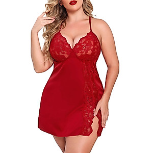 Avidlove Women Lingerie for Valentines Satin Nightgown Side Slit Lace Chemise Nightwear V Sleepwear Plus Size Red