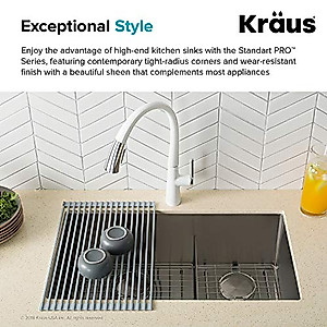 Kraus KHU103-32 Standart PRO 32 inch 16 Gauge Undermount 60/40 Stainless Steel Set (8 Item Bundle: Sink, Bottom Grid Assembly, Drain Cap x2, Kitchen Towel), 32, 50/40 Double Bowl, Silver