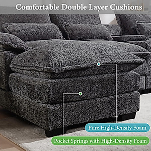 Tmsan 124.8" U Shaped Sofa with Storage Console & Cup Holders & USB Ports, Modern Upholstered Cloud Sectional Couch with Double Cushions for Living Room, Apartment, Grey Chenille