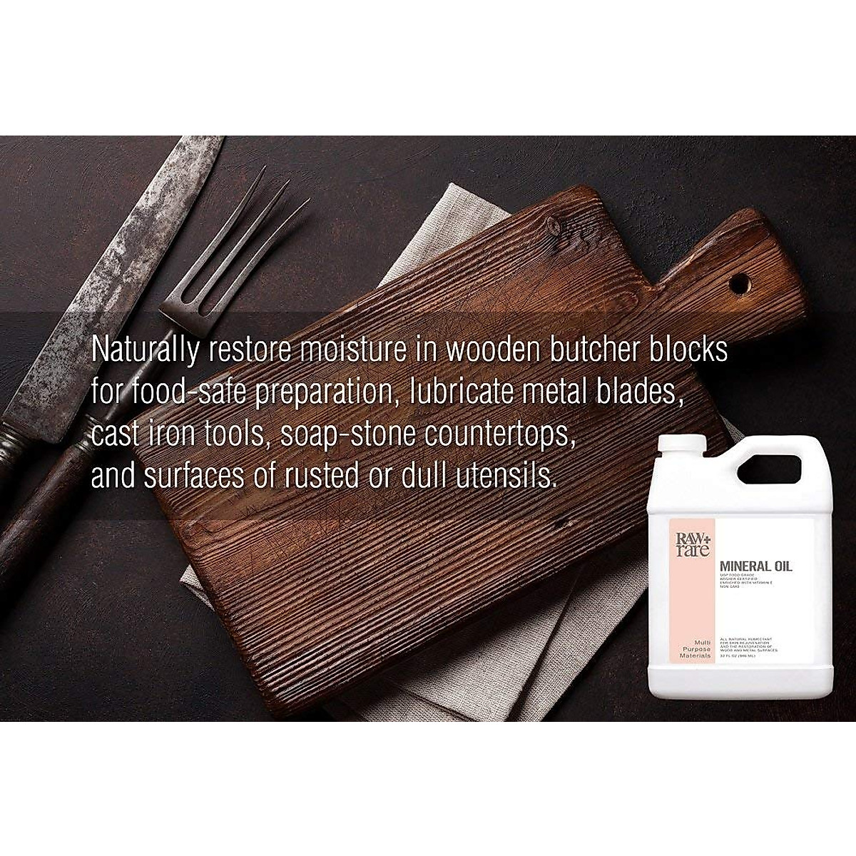 Raw Plus Rare Vegan Food Grade Mineral Oil, Safe for Wood Cutting Board, Butcher Block, Bamboo Cutting Board, and Knife Blade Oil, Cast Iron Tools Conditioner 32 oz