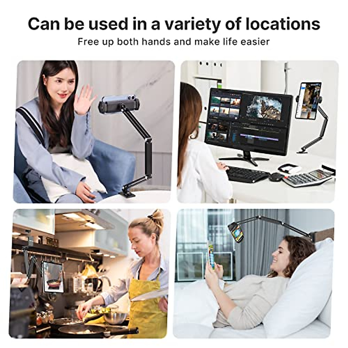 VIJIM iPad Tablet Holder for Bed or Desk, Black Metal Adjustable iPad Arm Mount Stand, Overhead Compatible for iPad Air Pro Mini, Surface Pro Stand, iPhone, Android Tablet