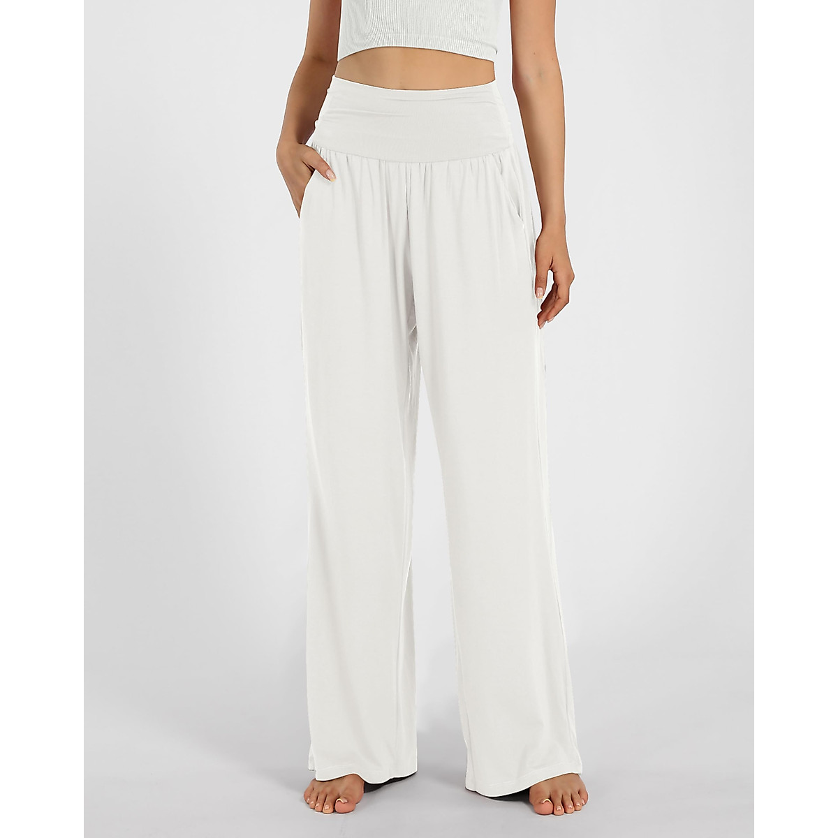 ODODOS Women's Wide Leg Palazzo Lounge Pants with Pockets Light Weight Loose Comfy Casual Pajama Pants-28 inseam, Off White, Small