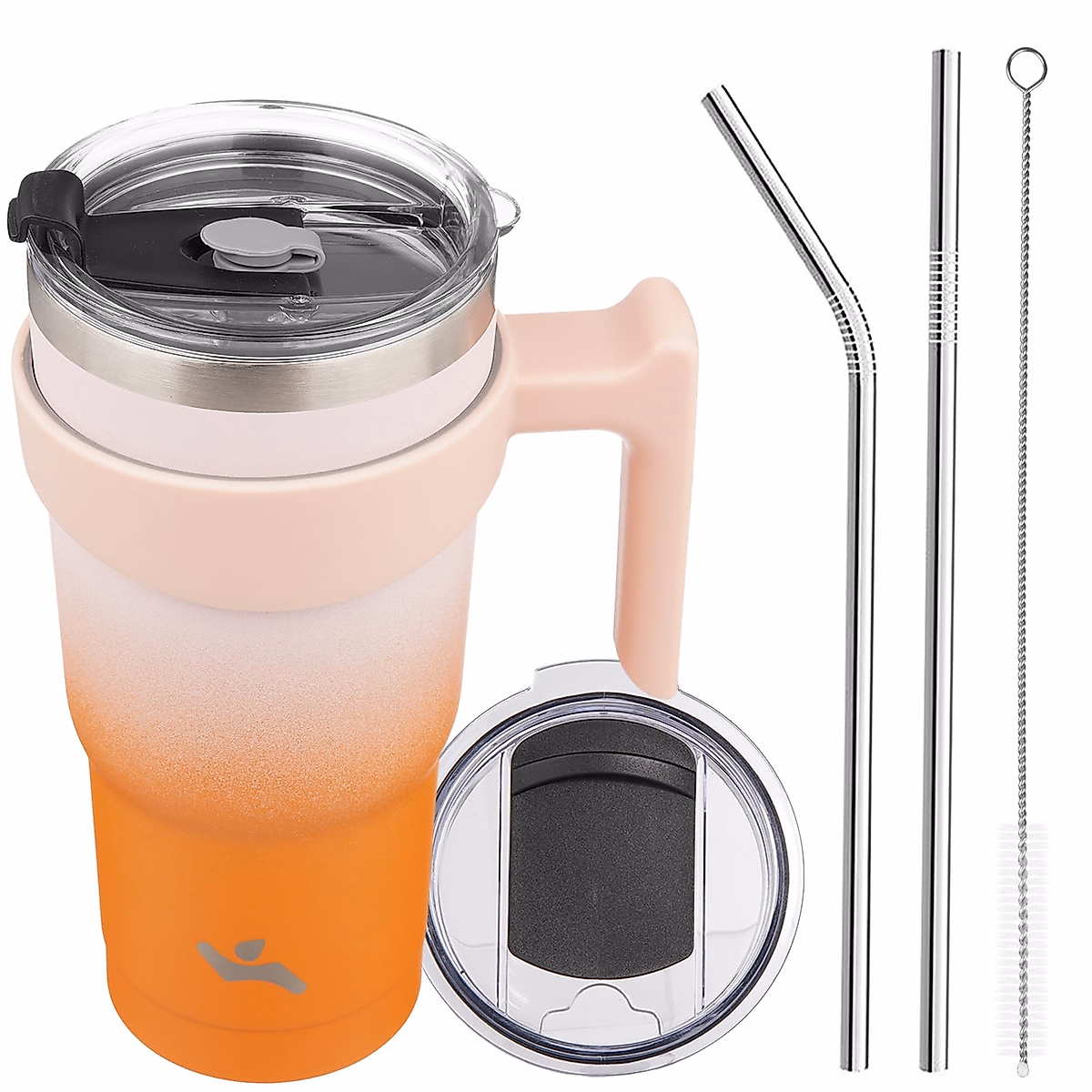 Konokyo 20 oz Tumbler with Handle and 2 Straw 2 Lid, Insulated Water Bottle Stainless Steel Vacuum Cup Reusable Travel Mug,Coral