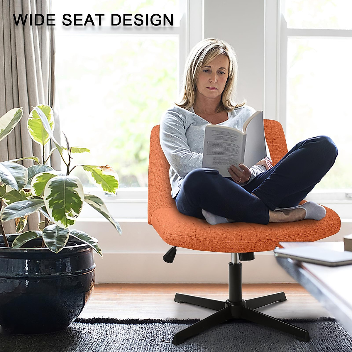 LEMBERI Fabric Padded Desk Chair No Wheels, Armless Wide Swivel Home Office Desk Chair,120° Rocking Mid Back Ergonomic Computer Task Vanity Chair for Office, Home, Make Up,Small Space (Brown)