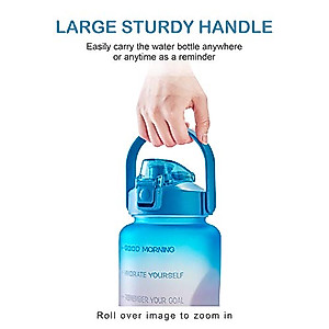 EYQ Half Gallon/64 oz Water Bottle with Time Marker, Carry Strap and Motivational Quote, Leak-Proof Tritan BPA-Free, Ensure You Drink Enough Water for Fitness, Gym, Camp, Sports(Green/Purple Gradient)