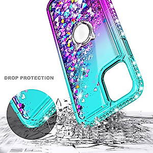 NGB Supremacy Case for iPhone 12/12 Pro with Tempered Glass Screen Protector, Ring Holder/Wrist Strap, Girls Women Kids Bling Sparkle Liquid Floating Glitter Cute Case Cover (Aqua/Purple)