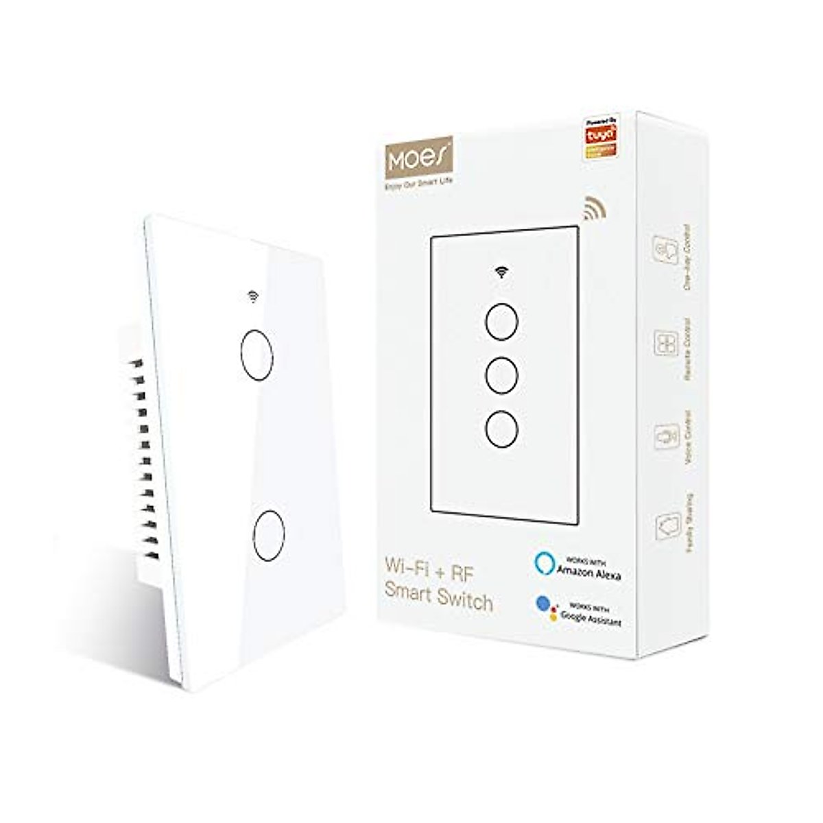 MOES 2.4GHz WiFi Wall Touch Smart Switch Neutral Wire Required, 3 Way Multi-Control, Glass Panel Light Switch Work with Smart Life/Tuya App, RF433 Remote Control, Alexa and Google Home White 2 Gang