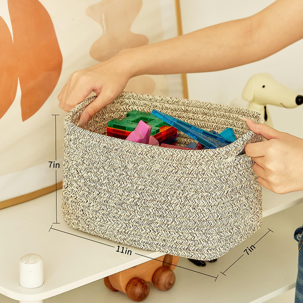 R RUNKA Small Cotton Rope Storage Basket Set of 3-11"x7"x7" Perfect Woven Baskets for Storage, Ideal Storage Baskets for Organizing Toys, Towels, and More - Baskets for Shelves and Home Decor（Beige）