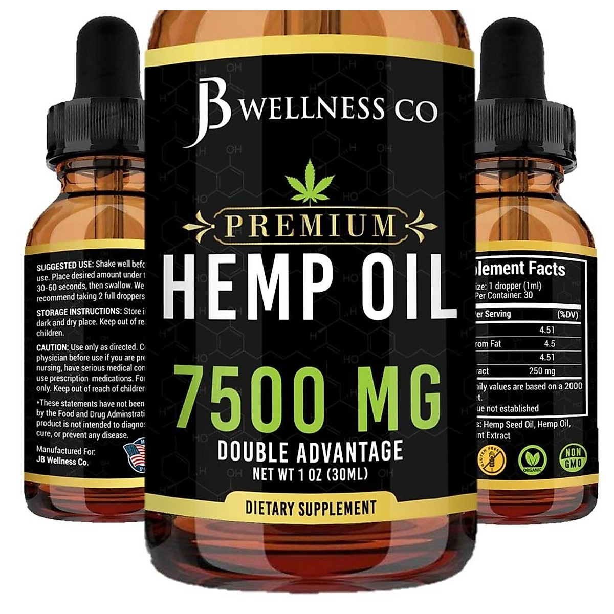 2-Pack Hemp Oil 7500mg Natural and Safe Hemp Oil Powerful for Ingestible & Topical Use - Non-GMO - Plant Based - Sugar-Free Peppermint - 2oz