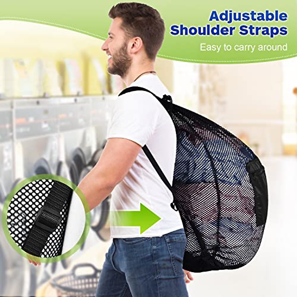 OTraki 28 x 36 inch Mesh Laundry Backpack Bag, Large Travel Laundry Bags with Shoulder Straps, Heavy Duty Drawstring Mesh Bag for Clothes Sports Soccer Ball Dorm Room Essentials (Black)