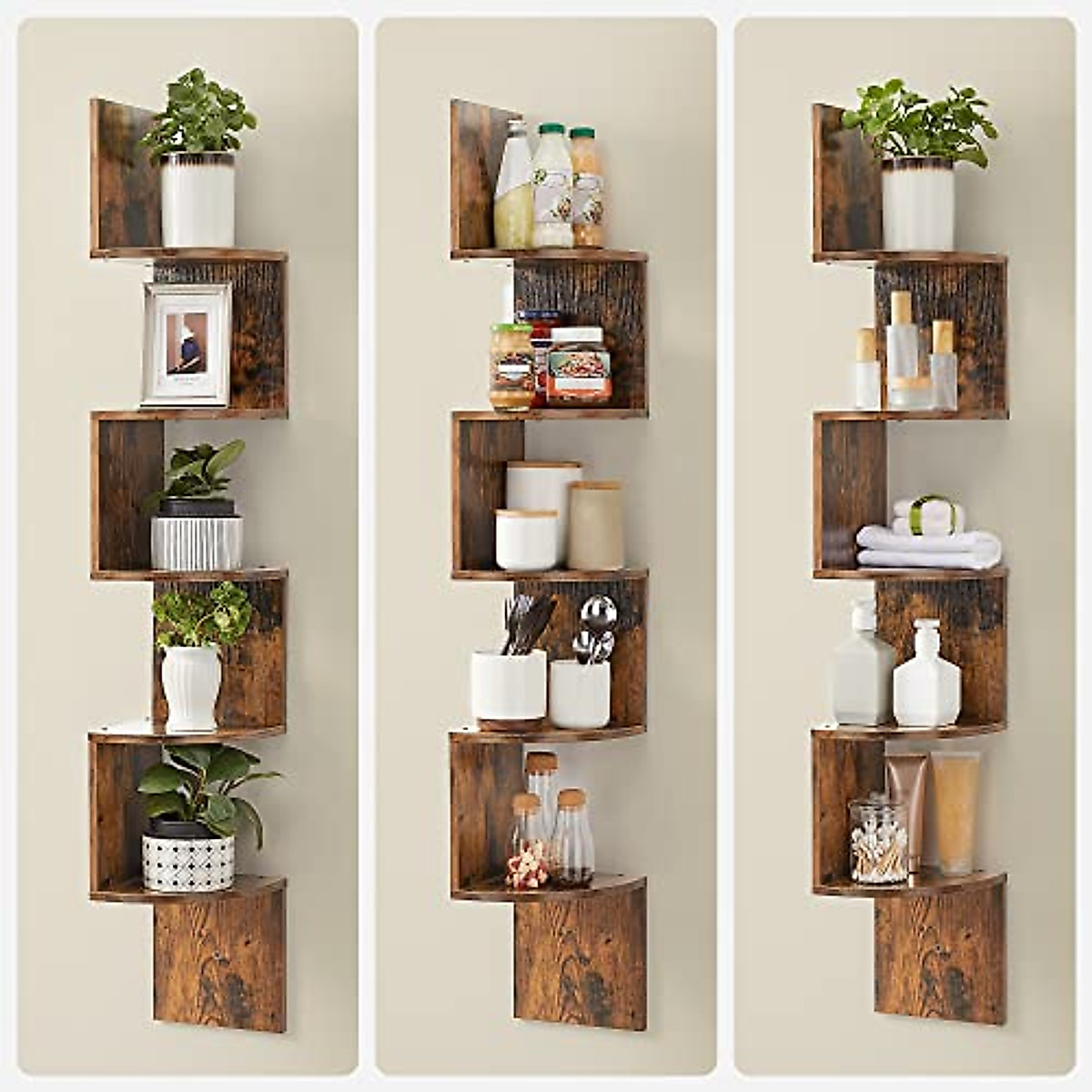 VASAGLE Corner Shelf Wall Mount, 5-Tier Floating Corner Bookshelf, Plant Shelf for Bedroom, Living Room, Bathroom, Office, Rustic Brown ULBC72BX