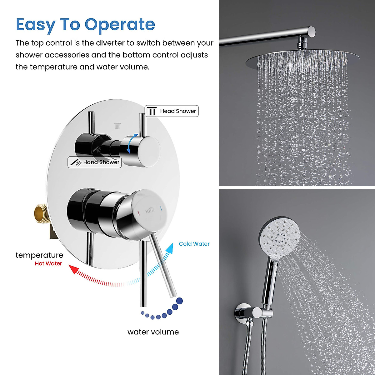 KIBI 2-Function Wall Mounted Circular Bathroom Shower System | Solid Brass Pressure Balanced Shower Faucet Set with High Flow Showerhead and Handheld Spray for Bathroom (Chrome, KSF403)