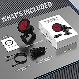 Magnetic Wireless Car Charger, Design for MagSafe Car Mount Charger, Strong Magnetic 15W Fast Charging Car Charger Phone Holder with USB Car Charger for MagSafe iPhone 14/13/12 Series (Red)