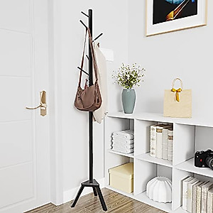 Sywhitta Coat Rack Stand, Premium Bamboo Free Standing Coat Rack with 6 Hooks, Easy Installation Clothes Hanger Stand, Black