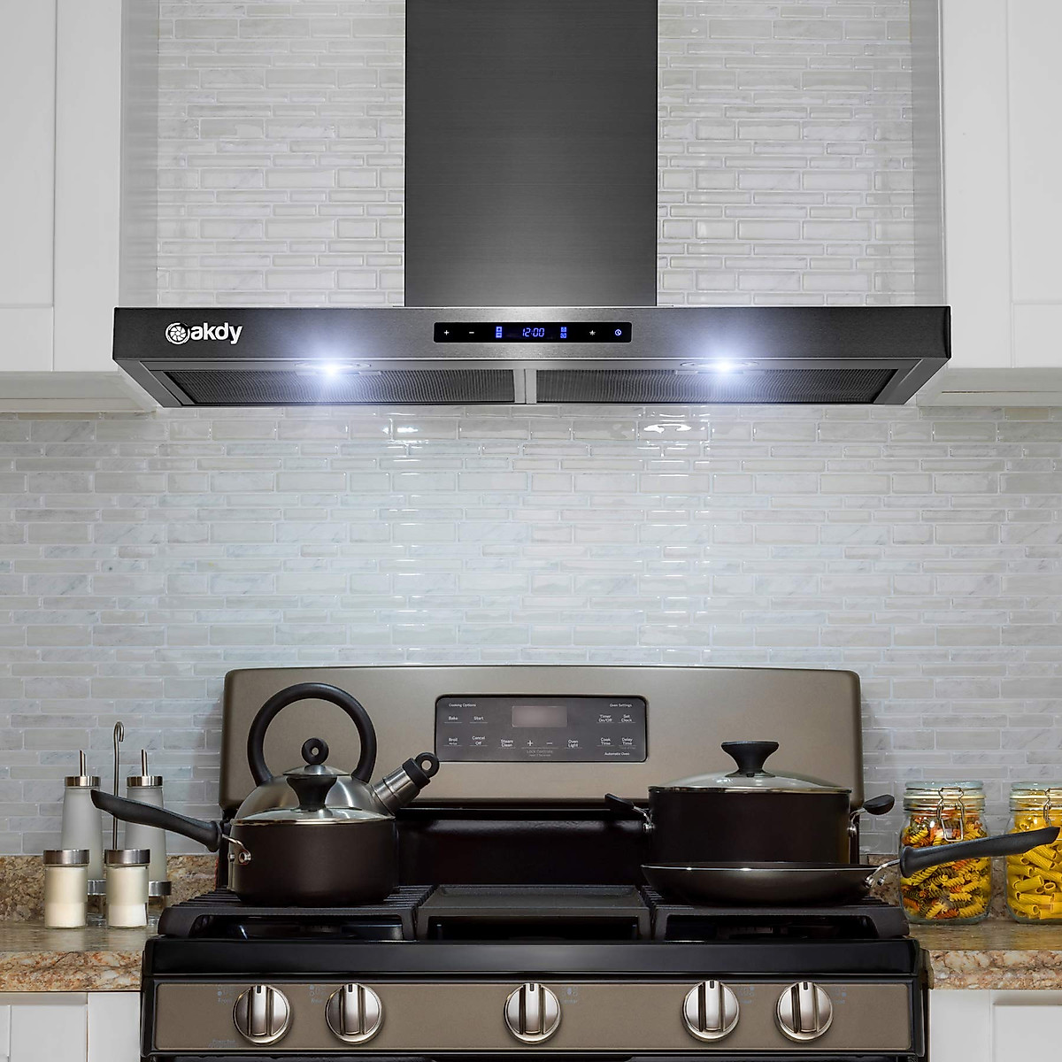 AKDY 30 in. 343 CFM Convertible T-Shape Wall Mount Black Stainless Steel Kitchen Range Hood with Touch Panel and Carbon Filters
