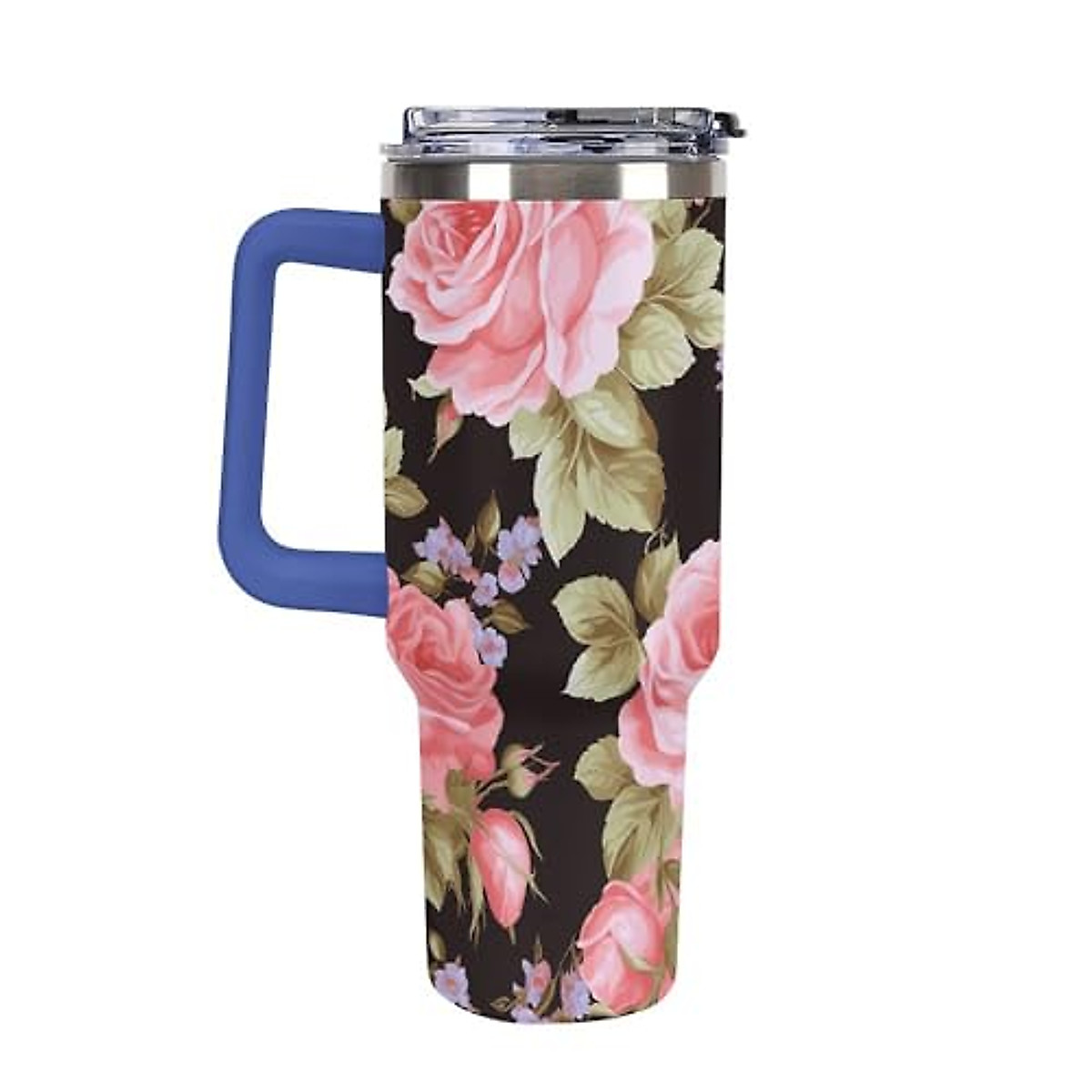 LLUTSNTH 40 Oz Vacuum Tumbler with Deep Blue Handle Leakproof Insulated Tumbler Pink Rose Stainless Steel Travel Mug with Lid And Straw Coffee Cup Cute Water Bottles Cup Holder Friendly
