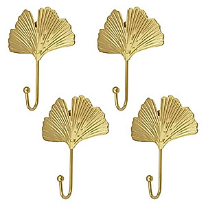 MOROBOR Decorative Leaves Iron Hooks,4pcs Ginkgo Leaf Shape Wall Mounted Hooks Modern Key Holder Wall Mounted Gold Single Prong Coat Hanger Home Office Nursery Room Decoration