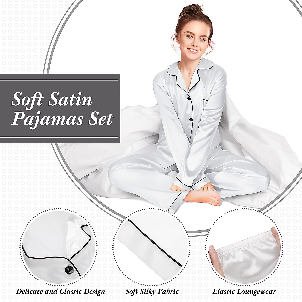 Unittype Women Silk Pajama Set Long Sleeve Silk Sleepwear Satin 2 Pcs Classic Button Down Pajamas for Bride Wedding Party (White, L)