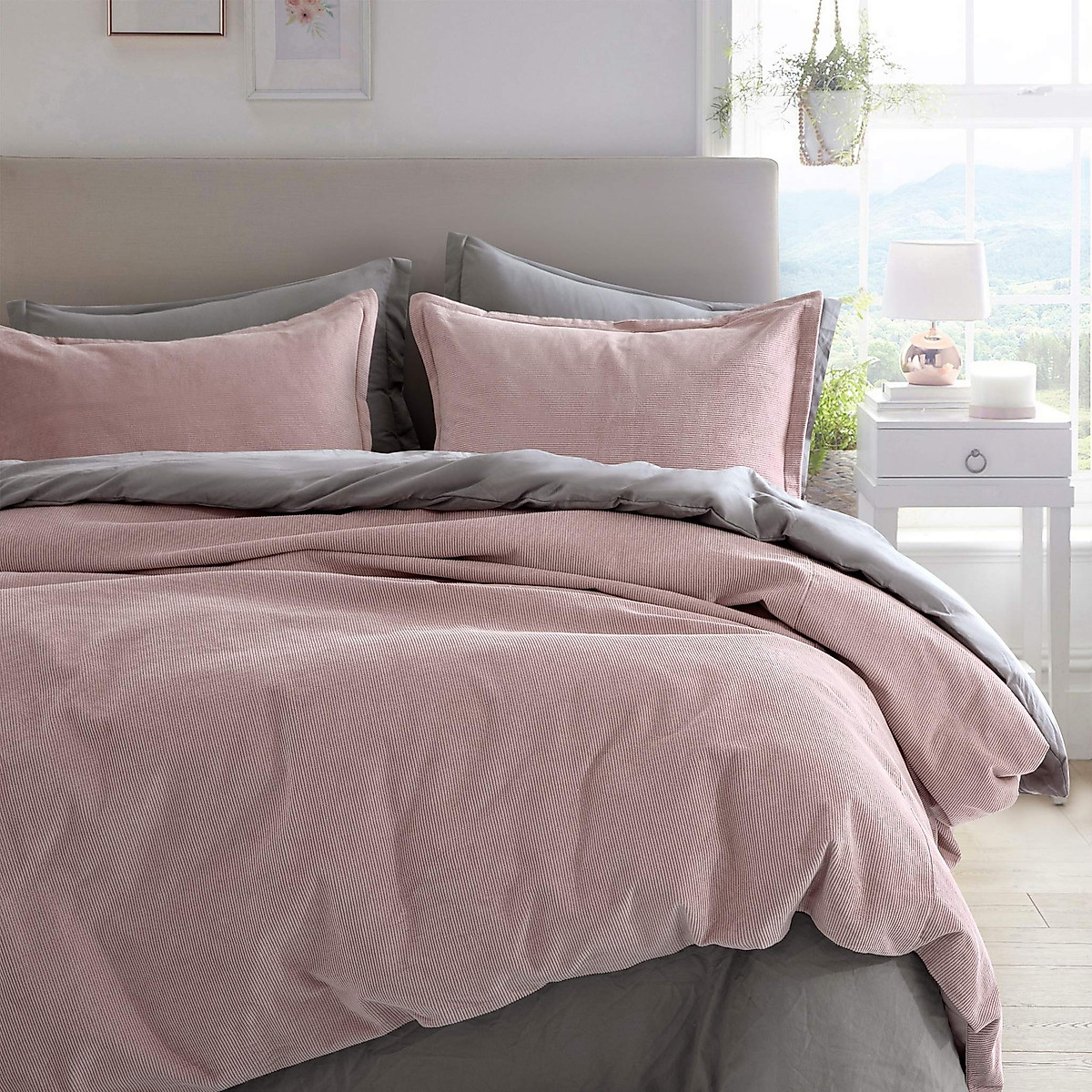 Eikei Pure Cotton Velvet Corduroy Duvet Cover Set Natural Fabric Casual Modern Style Bedding Ribs Striped Reversible Solid Color Relaxed Soft Feel (Blush, Queen)