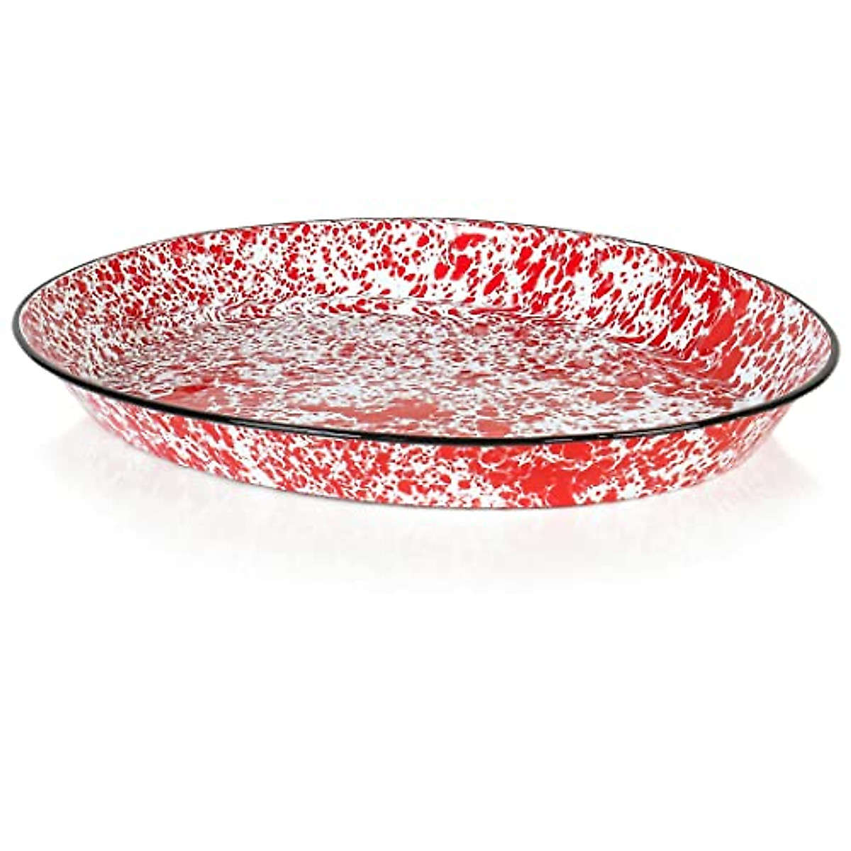 Red Co. Oven Safe Enamelware Metal Classic 16.5” Serving Oval Tray Platter, Red Marble/Black Rim – Splatter Design