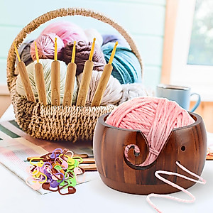 Wooden Yarn Bowl with 6pcs Metal Crochet Hooks and 50pcs Crochet Stitch Markers, Knitting Yarn Bowl with Holes Storage, Handmade Yarn Storage Bowl for DIY Knitting Crocheting Accessories