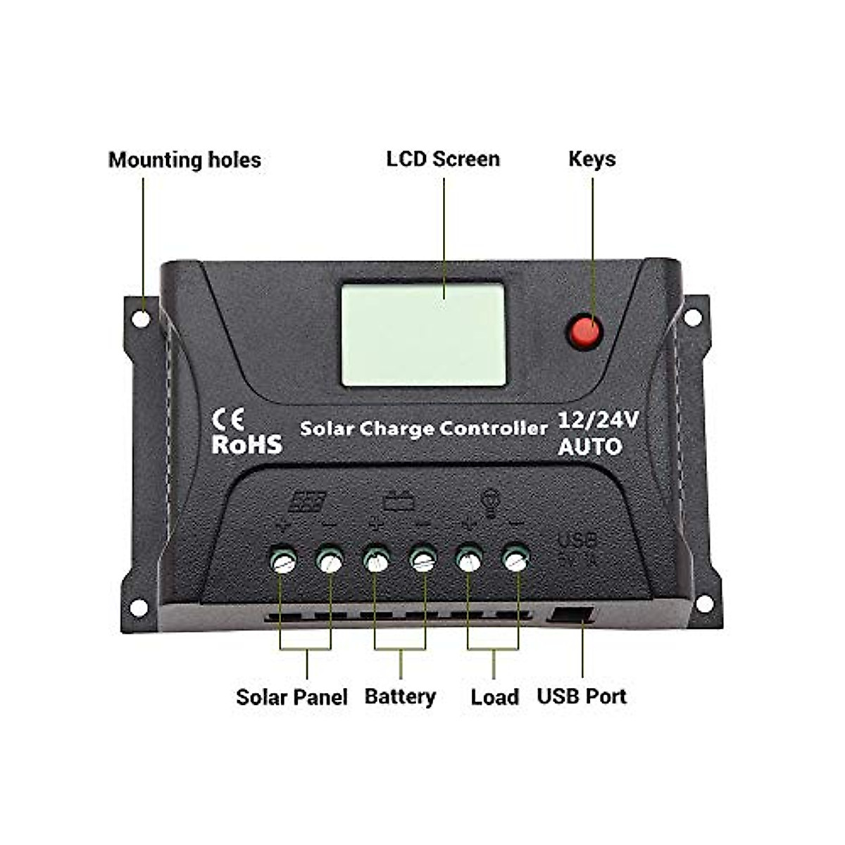 HQST 20Amp 12V/24V PWM Solar Charge Controller Regulator with LCD Display, USB-A Port, Compatible with Sealed, Flooded Lead-Acid Batteries