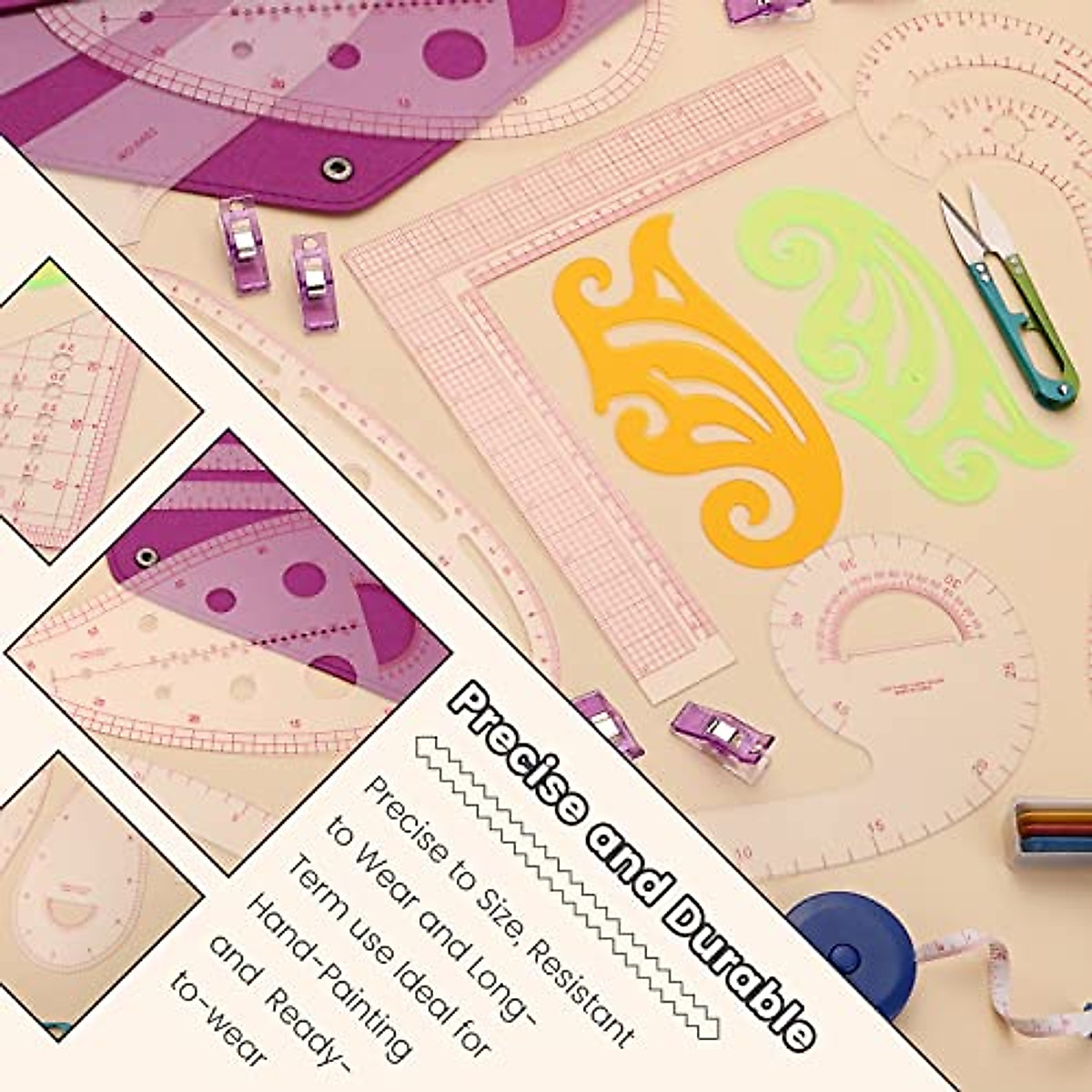French Curve Ruler for Pattern Making Set,65 PCS Sewing Curve Ruler Kit with Felt Bag, 2 Cloud Ruler,7 Sewing Ruler,Sewing Clips,Tracing Wheel,Curved Ruler and Color Positioning Needle for Sewing