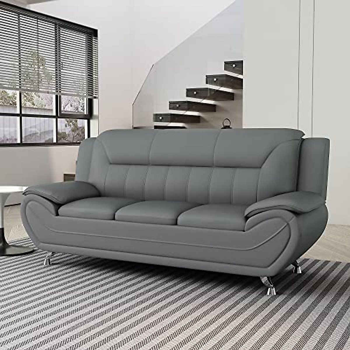 Container Furniture Direct Michael Modern Faux Leather Upholstered Stainless Steel Legs Living Room, Sofa, Sleek Gray