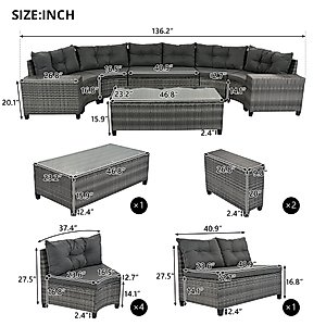 Merax 8-Pieces Outdoor Wicker Round Sectional Curved Sofa Set with Rectangular Coffee Table, PE Rattan Water-Resistant and UV Protected, Movable Cushion, Half-Moon Style, Grey_8Pcs